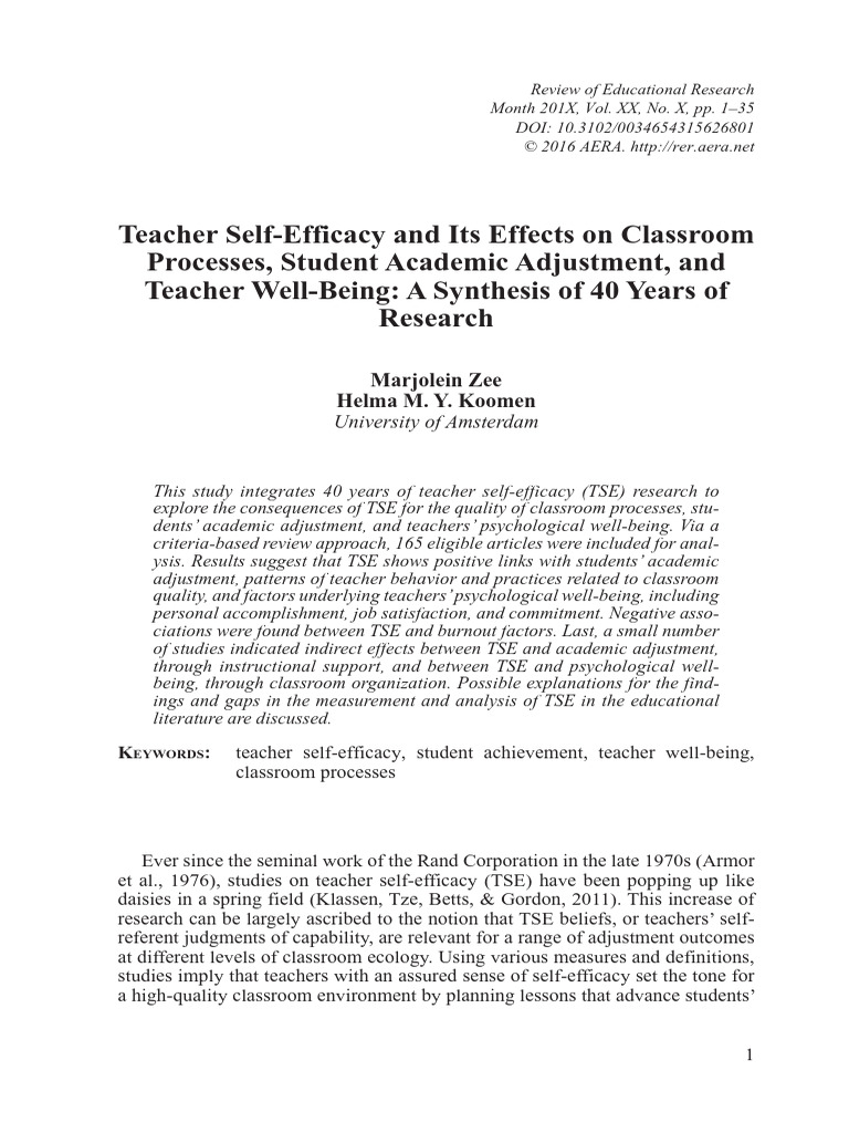 2016 - Zee - Teacher Self-Efficacy 40 Years of Research | PDF | Self ...