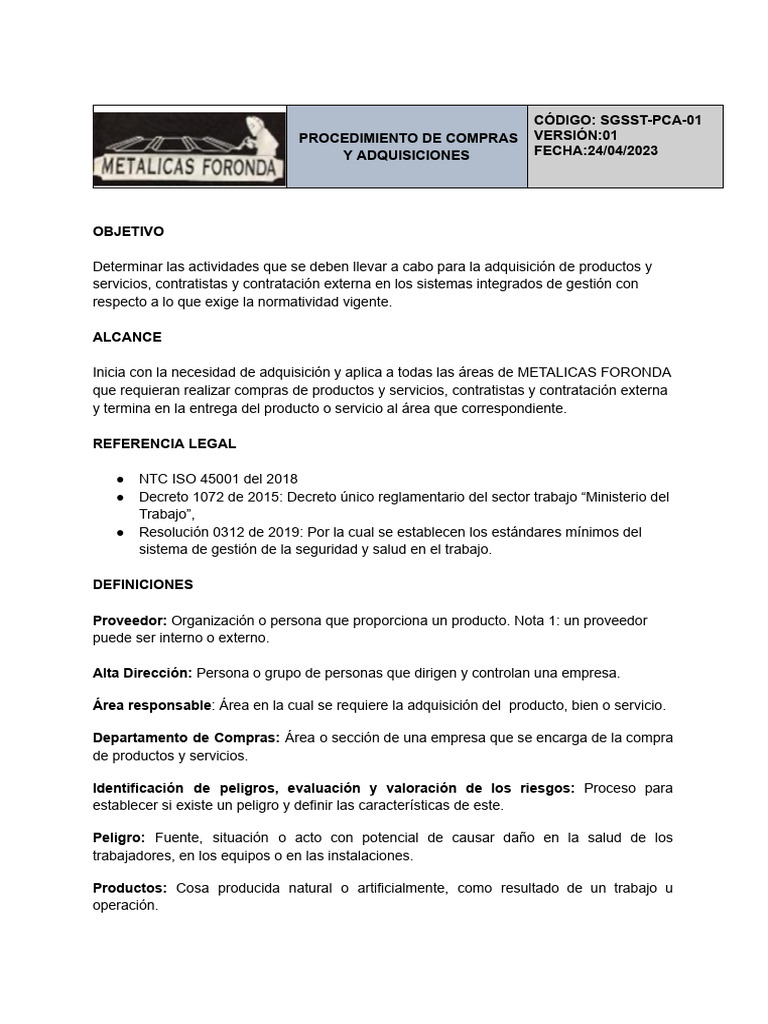 Procedimiento Compras y Adquisiciones | PDF