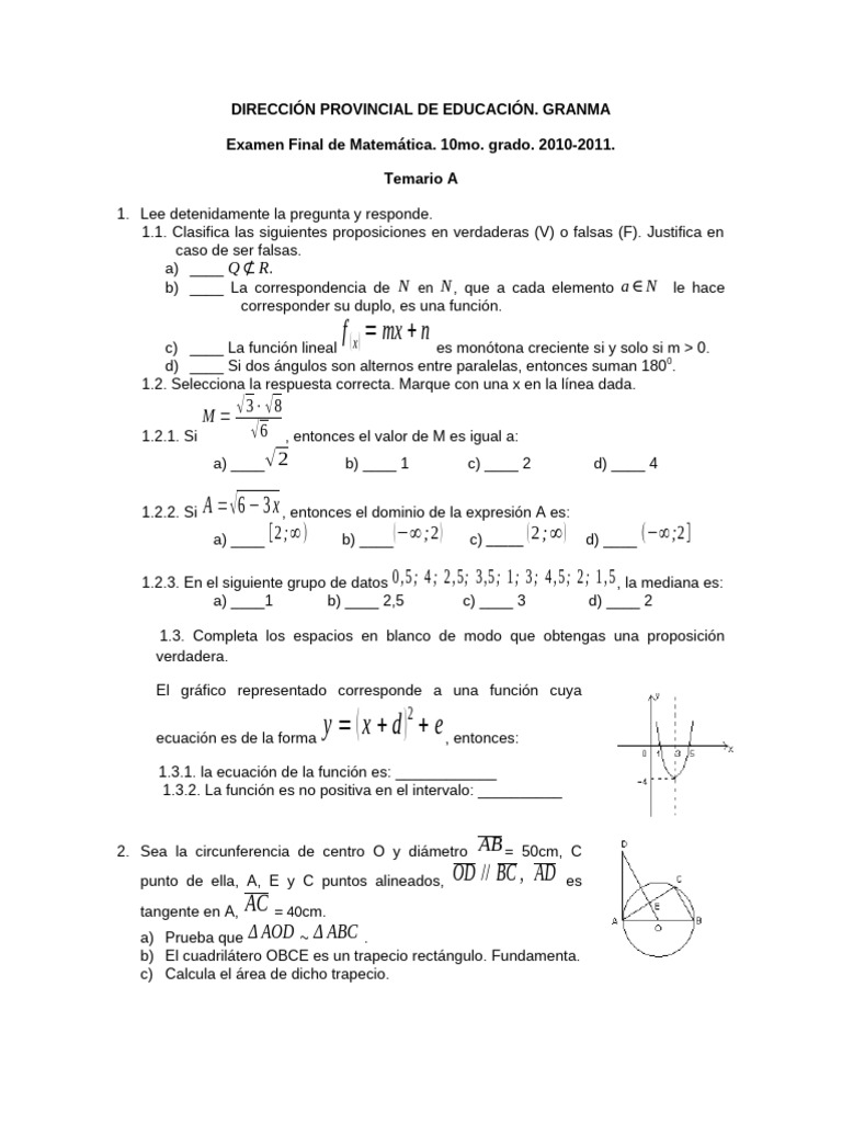 Exámenes Finales 10mo Grado 2011 Hasta 2018 | PDF