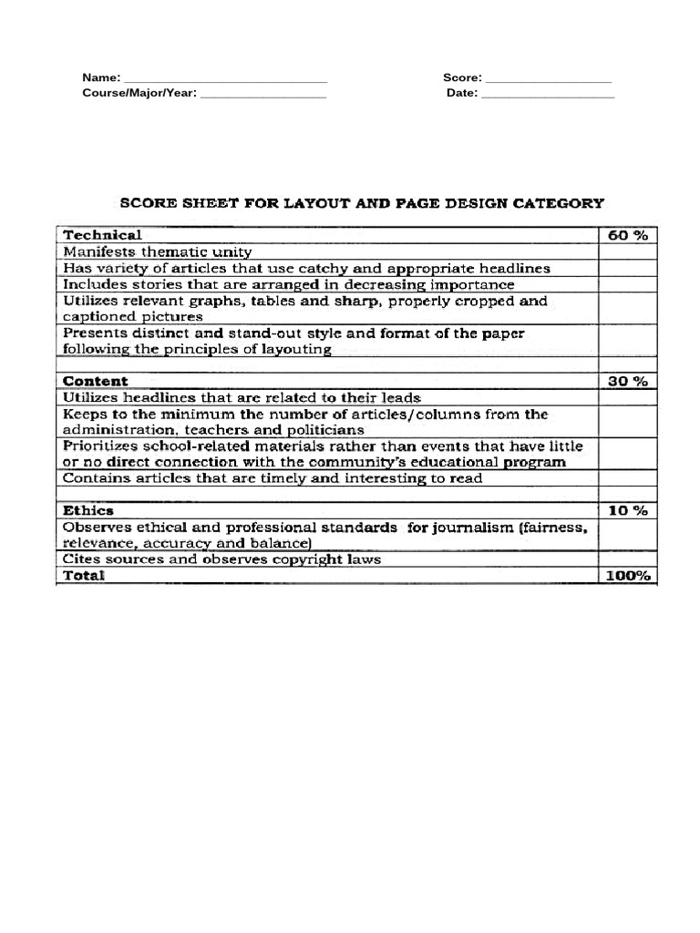 Layout and Page Design Score Sheet | PDF
