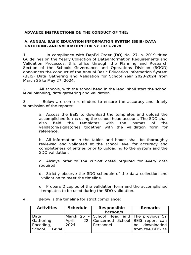 Advance Instructions For The Sy 2023 2024 Beis and Nsbi Acti Vities | PDF