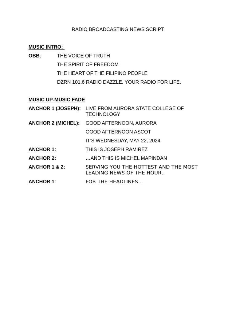 Radio Broadcasting News Script Outline | PDF