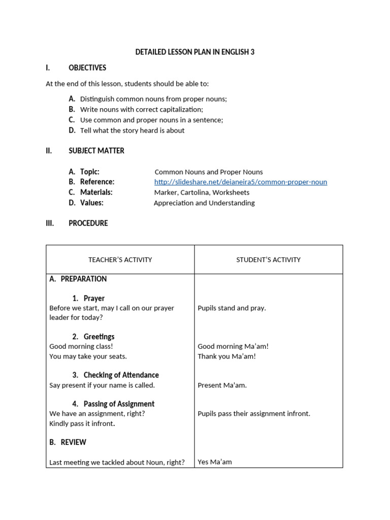 Detailed Lesson Plan (Noun and Pronon) | PDF