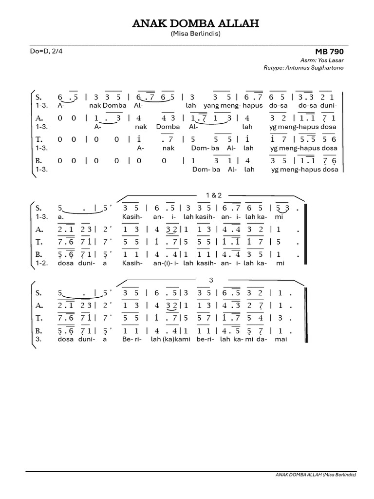 Partitur Anak Domba Allah Misa Berlindis | PDF