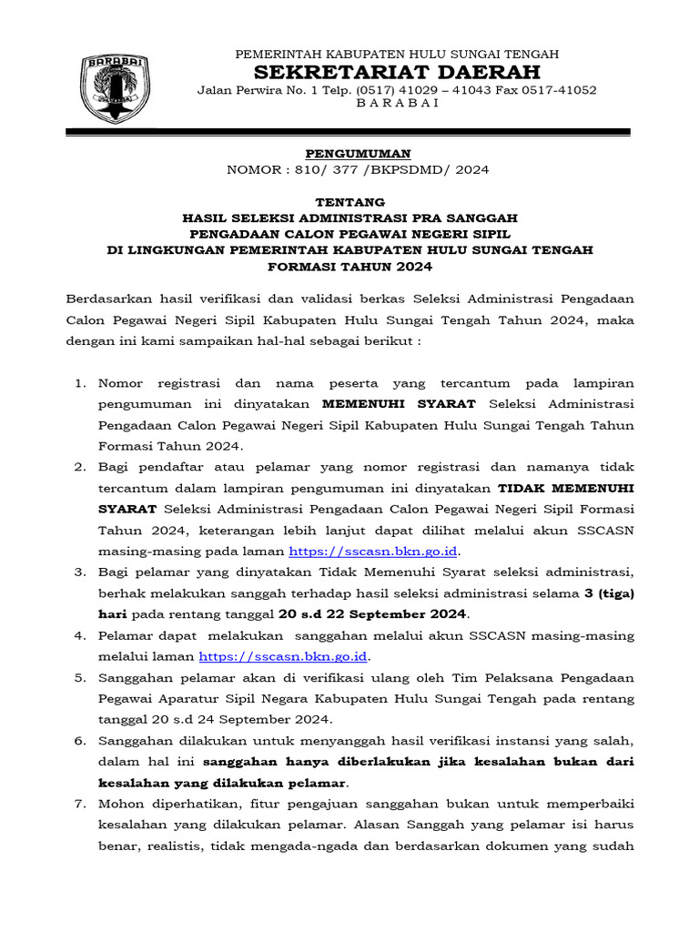 Pengumuman Hasil Seleksi Administrasi Pra Sanggah CPNS Kab HST Formasi Tahun 2024 Rev | PDF