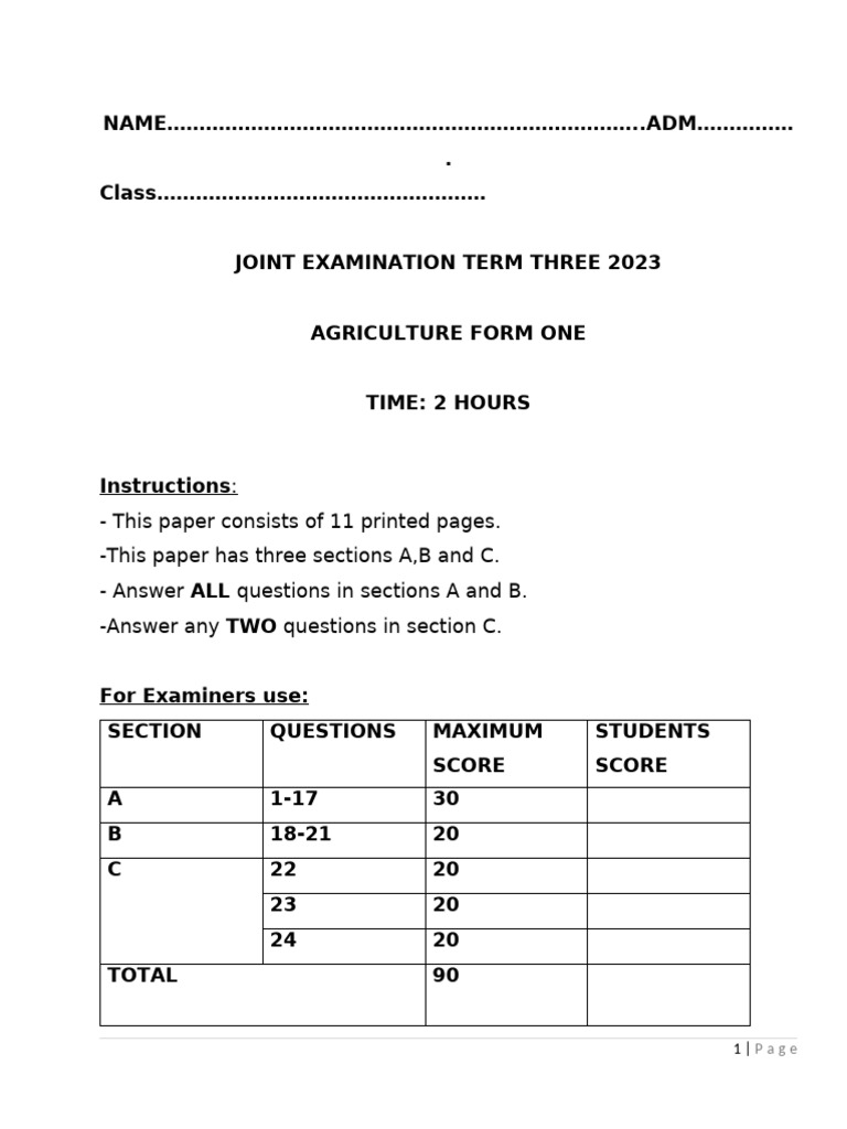 Form 1 2023 End T3 Agriculture QS - Teacher - Co - .Ke - Set - A | PDF