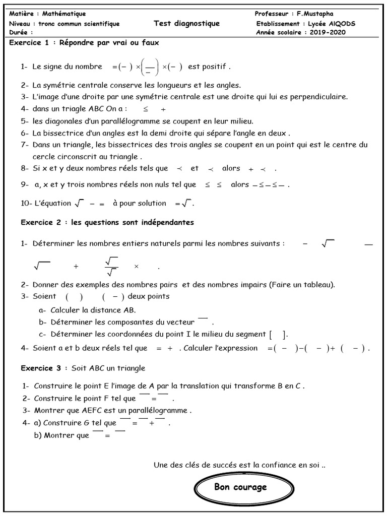 Evaluation Diagnostique Maths Tronc Commun Sciences PDF 7 | PDF
