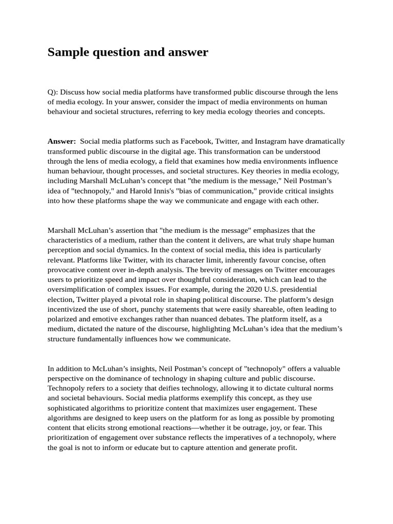 Sample Question and Answer-Media Ecology | PDF