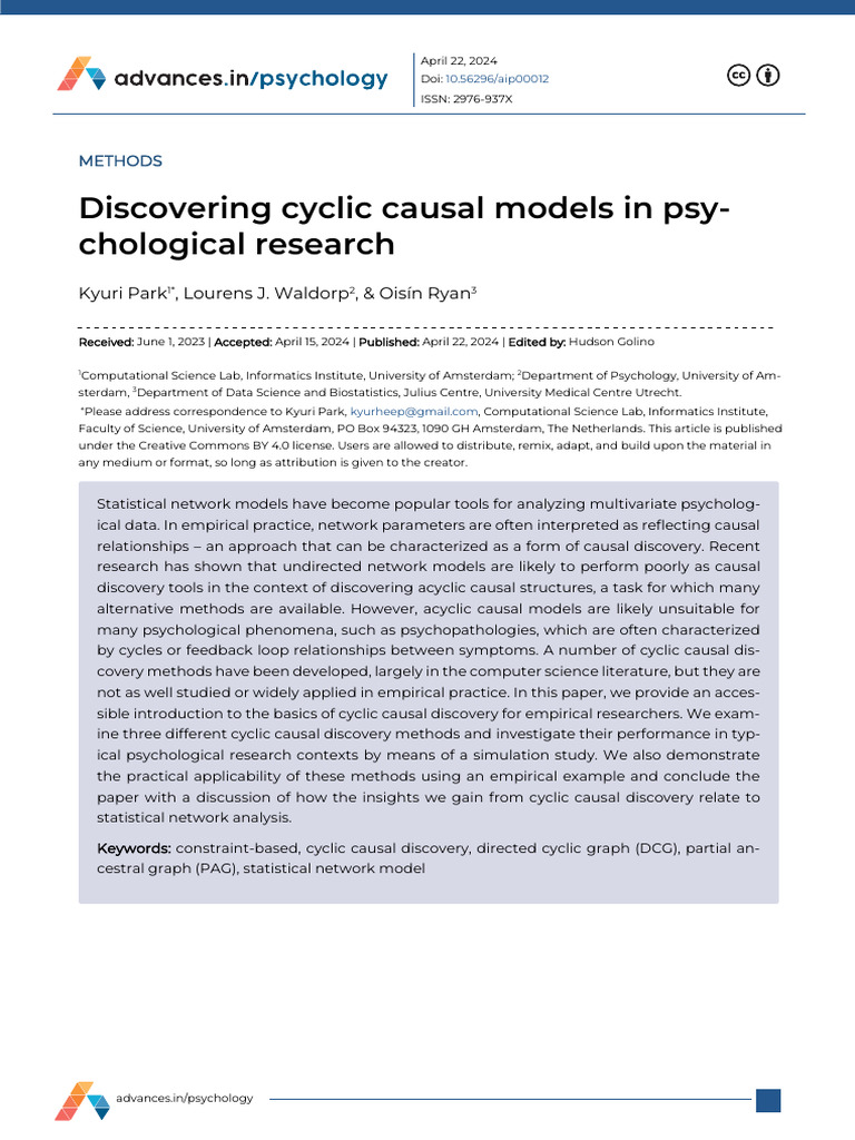2024 Discovering Cyclic Causal Models in Psychological Research | PDF | Causality | Confounding