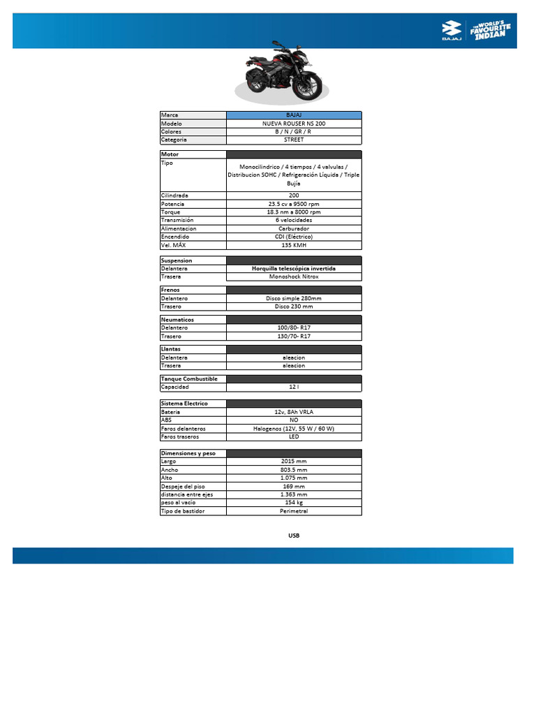 Ficha Tecnica Ns 200 | PDF