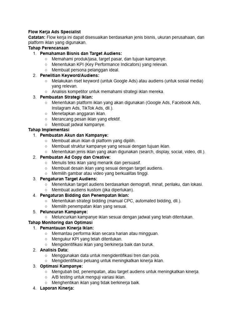 Buatkan Flow Kerja Ads Specialist | PDF