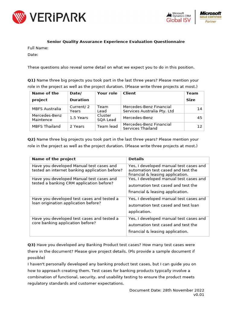 Questionnaire - QA Manual v0.01 | PDF