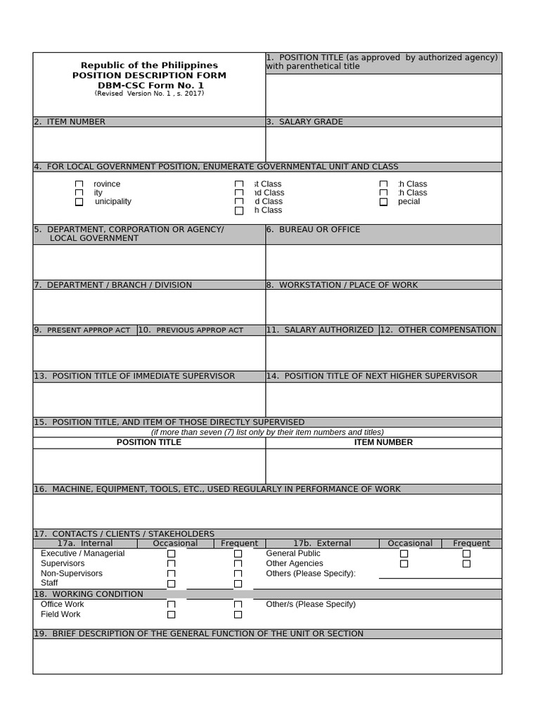 Position Description Form DBM CSC Form No. 1 Revised 2017 | PDF