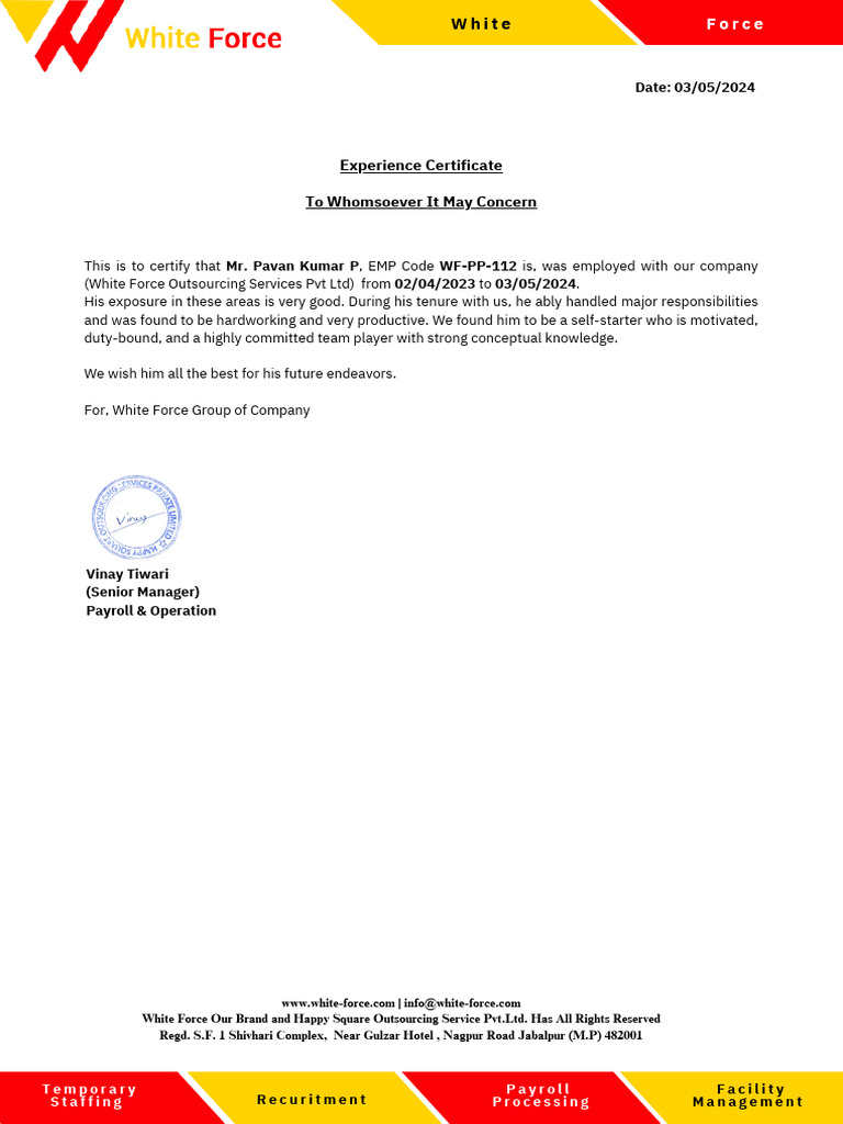 Experience Letter Park | PDF