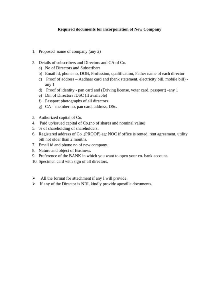 Company Incorporation Req Documents | PDF