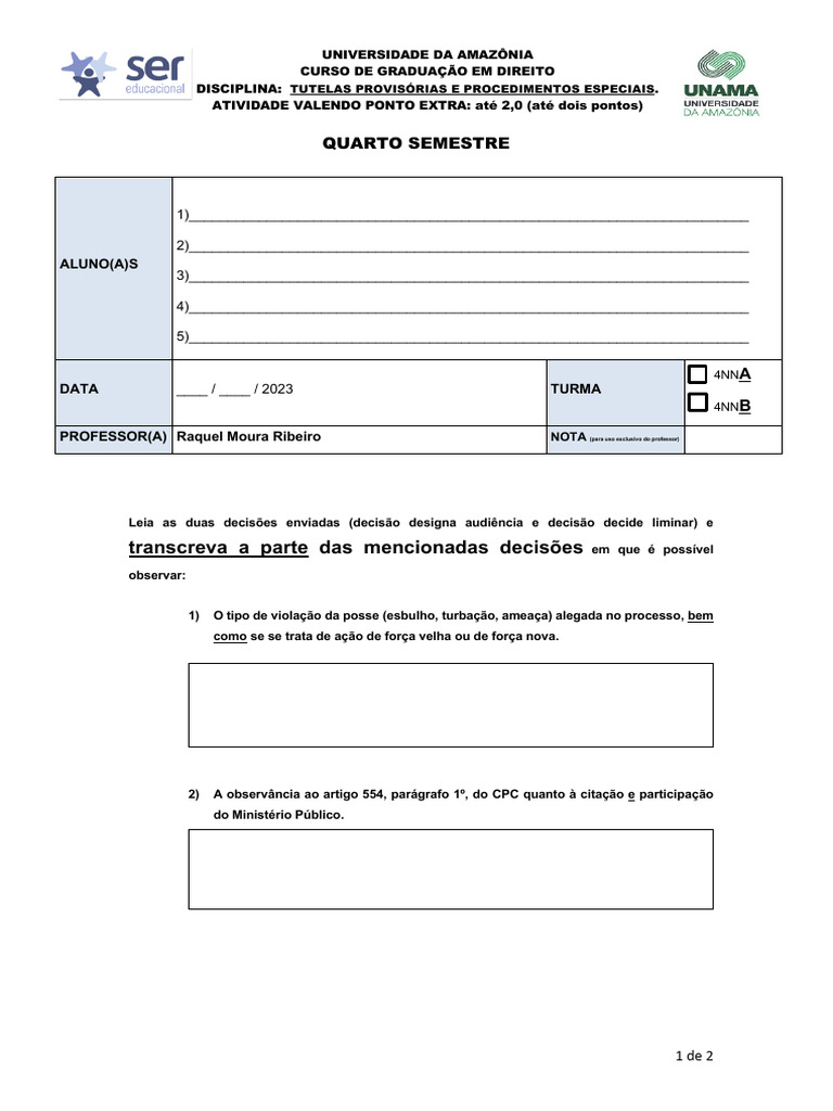 Atividade Valendo Ponto Extra - Quarto Semestre - Tutelas Provisórias - profaRAQUEL | PDF