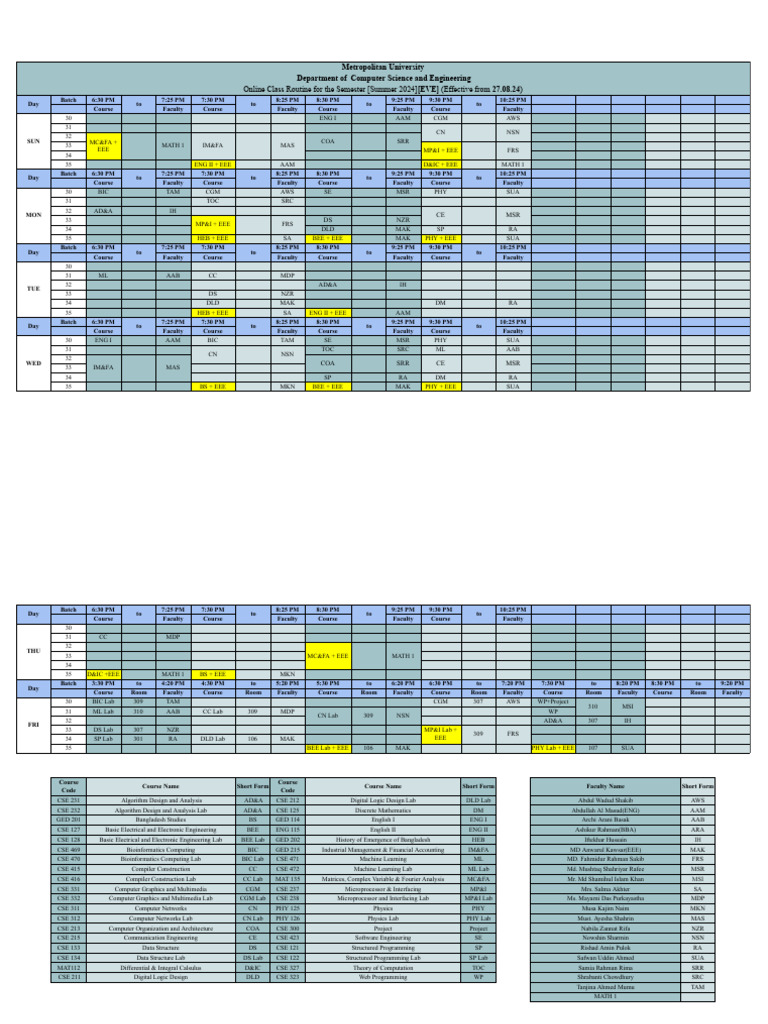 Class Routine CSE (EVE) Summer 2024-EF-27.08.24 | PDF | Computing | Computer Science