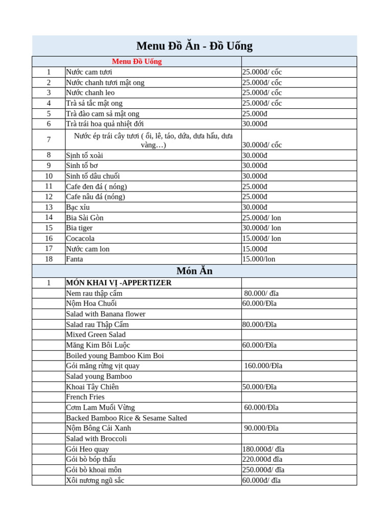 Menu Hoa Qu Sơn | PDF