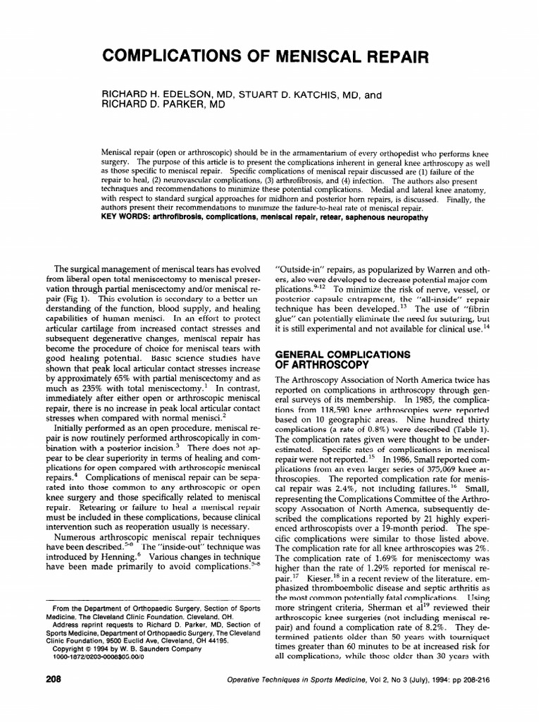 Complications of Meniscal Repair | PDF