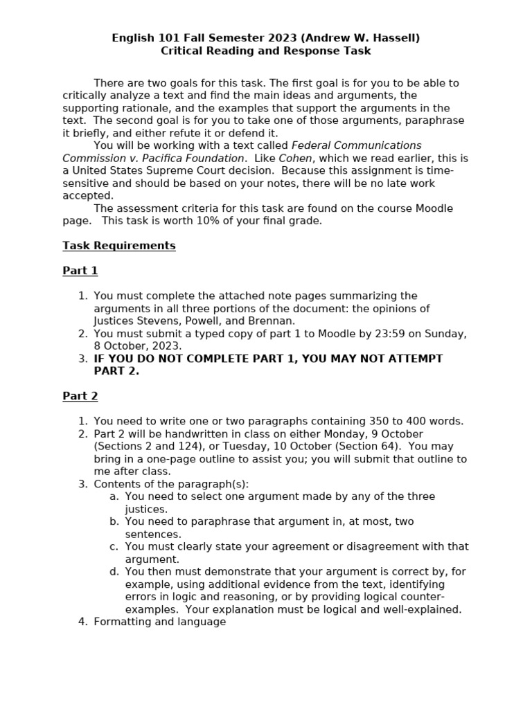 Critical Response Prompt and Task Fall 2023 | PDF