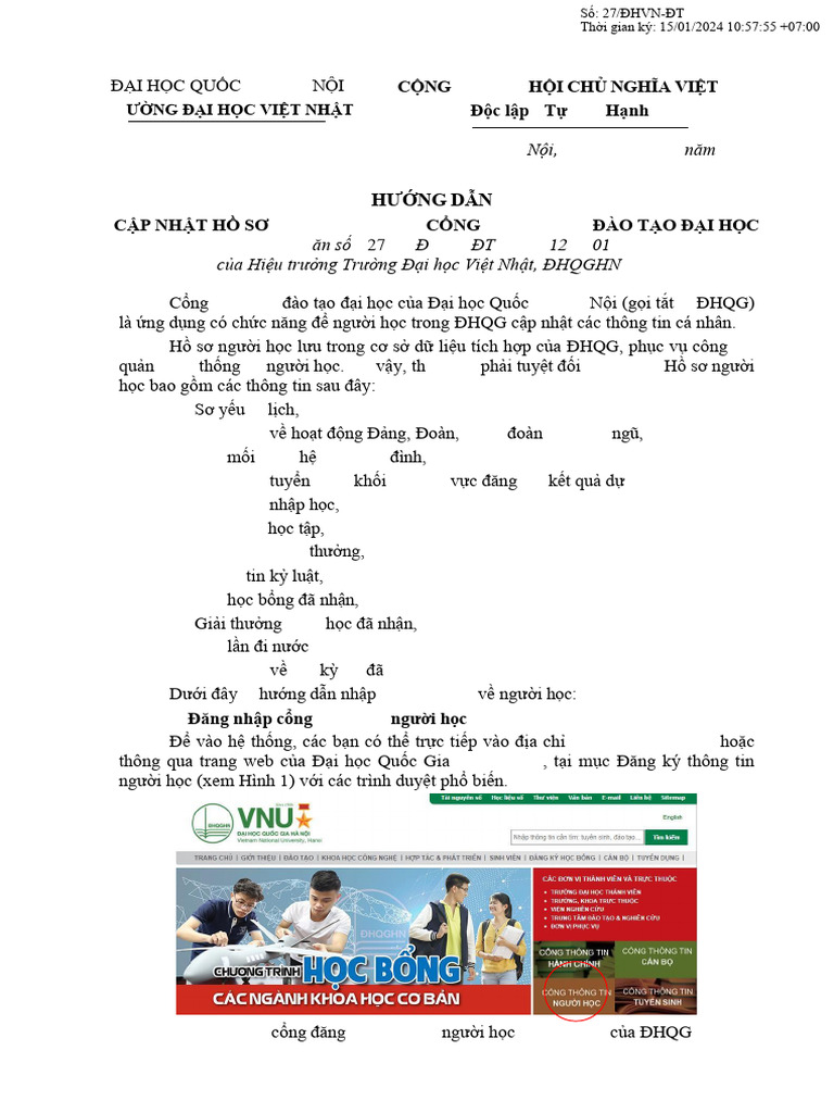 Signed - Signed.Huong Dan Cap Nhat Ho So Sinh Vien Tren Cong Thong Tin Dao Tao Dai Hoc | PDF