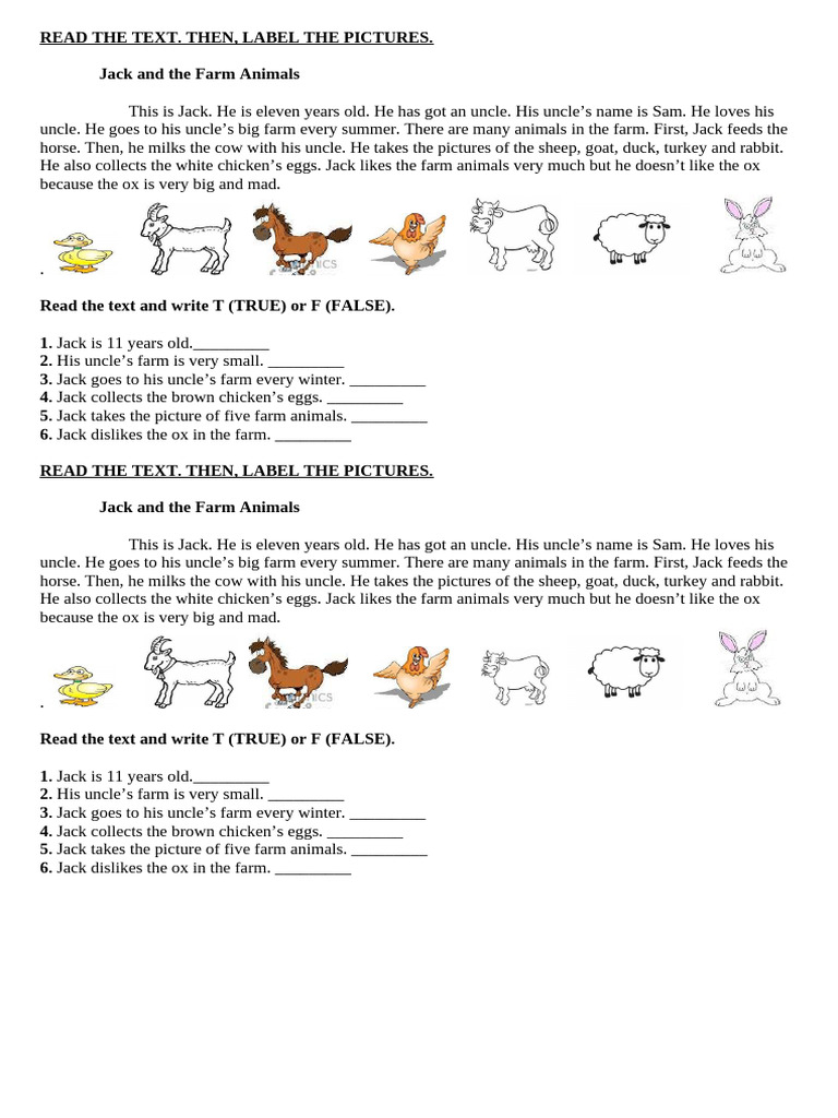 Farm Animals Reading Comprehension Exercises - 15911 | PDF