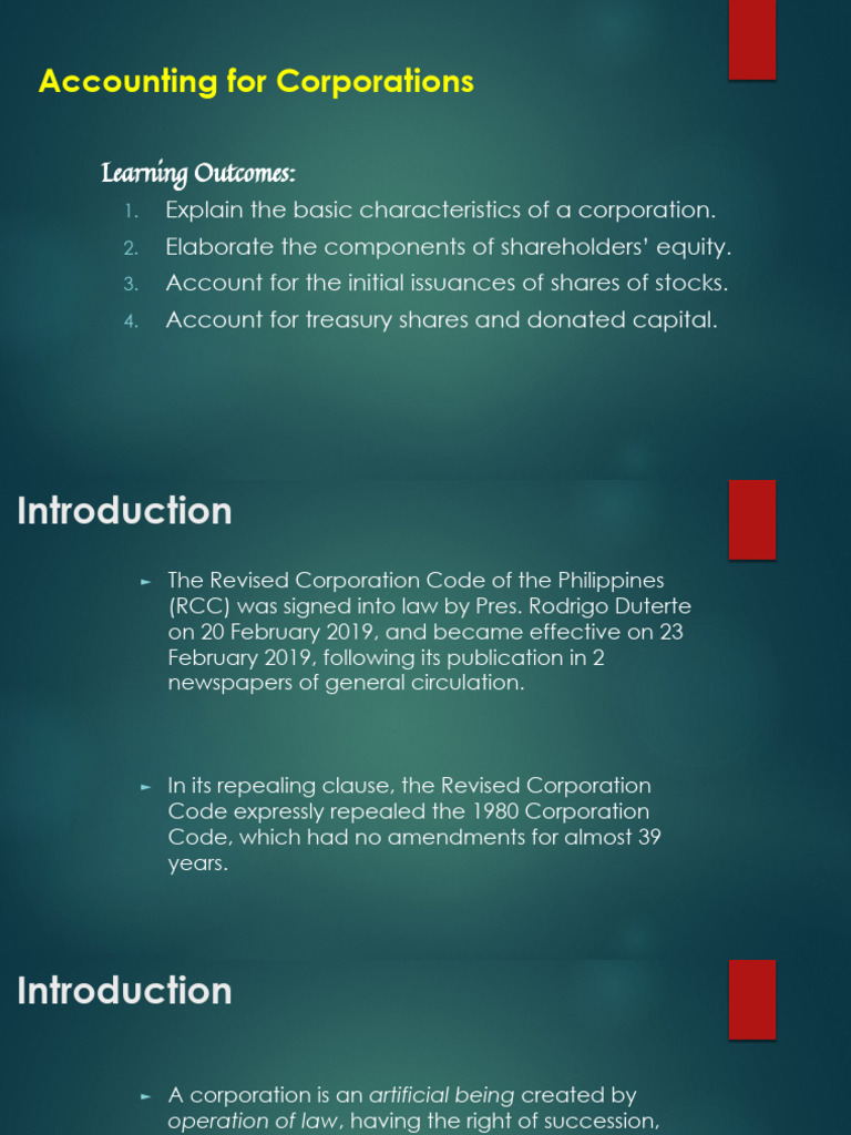 Accounting For Corporations Basic Concepts | PDF | Equity (Finance) | Treasury Stock