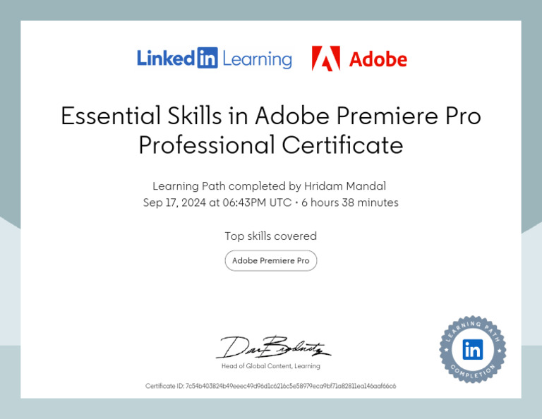 CertificateOfCompletion - Essential Skills in Adobe Premiere Pro Professional Certificate | PDF