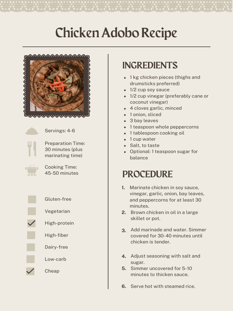 Brown Elegant and Simple Printable Filipino Recipe Card | PDF