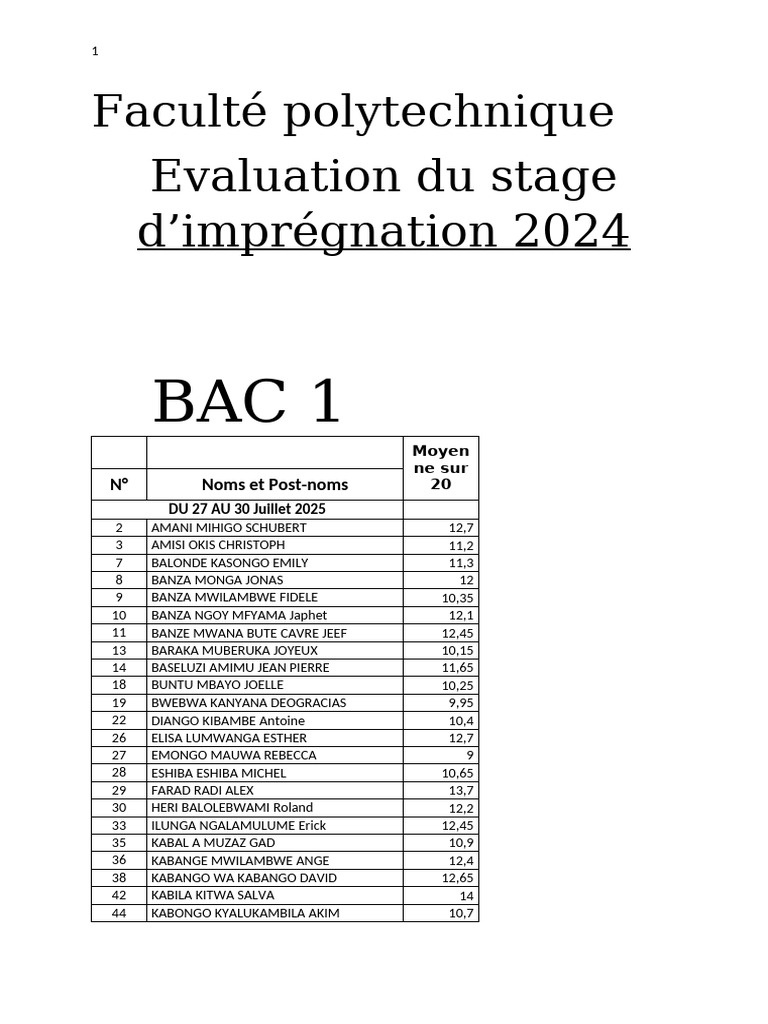 Evaluation Du Stage Dimprégnation 2024 Bac1 - 122510 | PDF