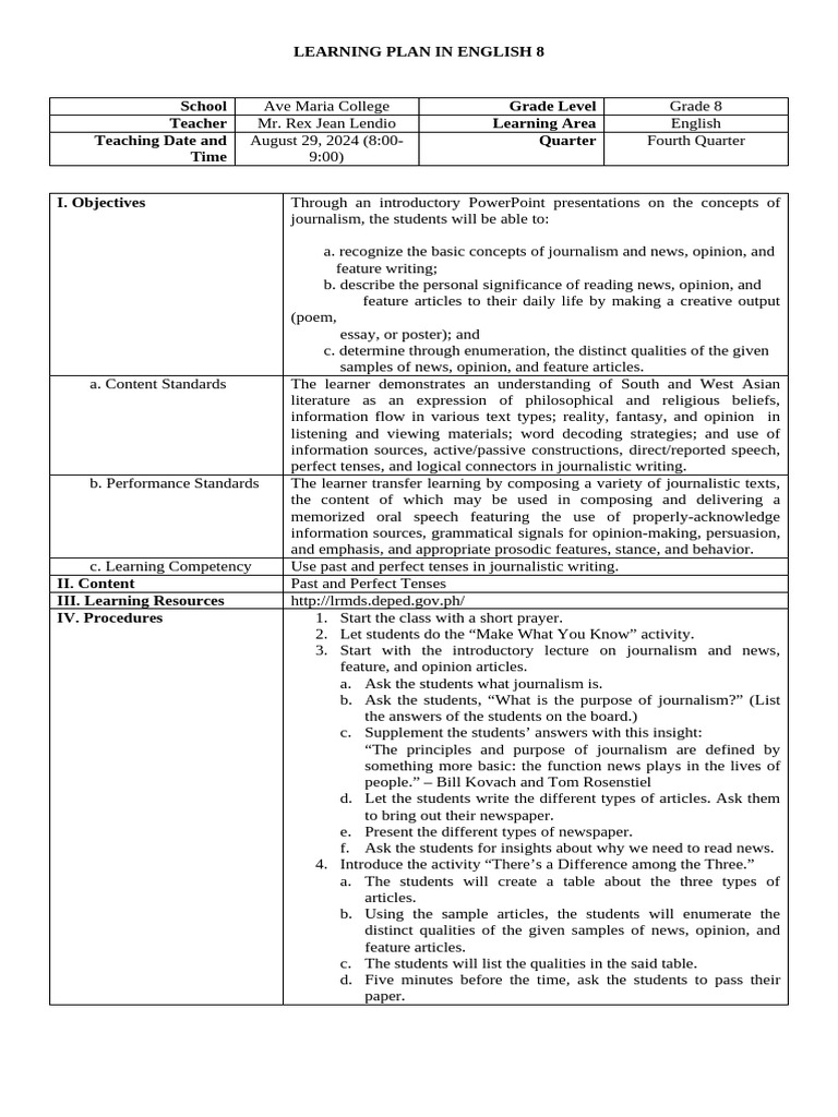 Grade 8 English Learning Plan: Journalism | PDF | Learning | Art