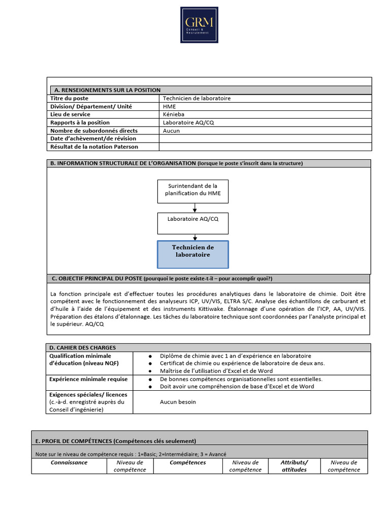 Fiche de Poste Technicien Labo | PDF
