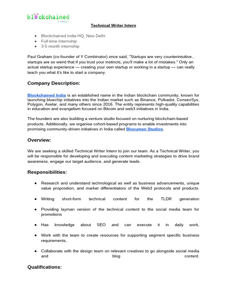 Technical Writer Intern JD - Blockchained India | PDF