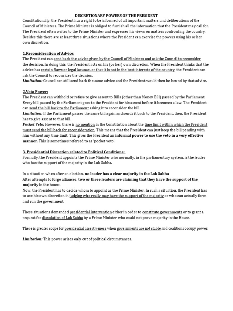 Discretionary Powers of The President of India | PDF