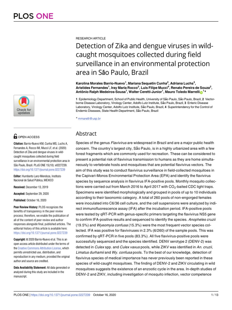 34 Detection of Zika and Dengue Viruses in Wild-Caught Mosquitoes | PDF