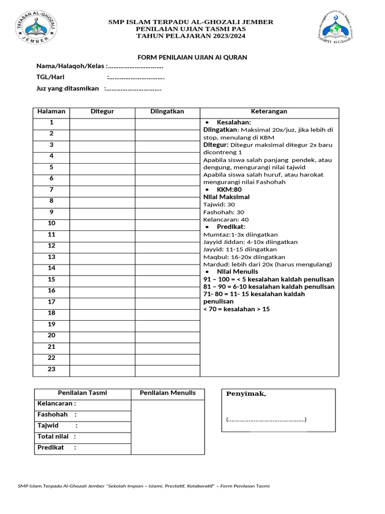 Form Penilaian Ujian Tasmi Pas | PDF