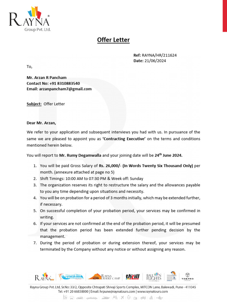 Offer Letter - Arzan Pancham | PDF