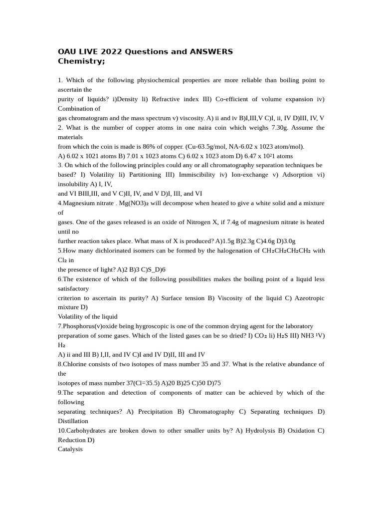 OAU LIVE 2022 PUTME Questions | PDF