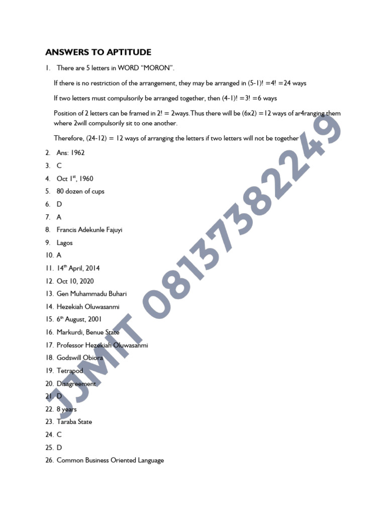 Jjmit Answers To Aptitude Questions Only - Unlocked | PDF