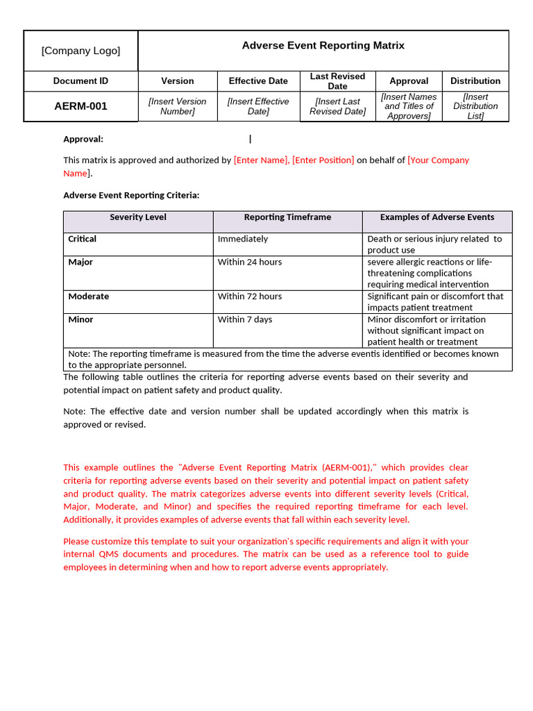 AERM-001 Adverse Event Reporting Matrix | PDF