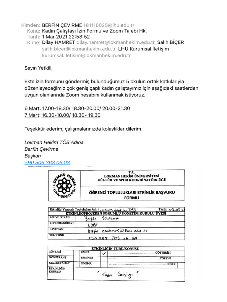 Kadın Çalıştayı İzin Formu Ve Zoom Talebi HK | PDF