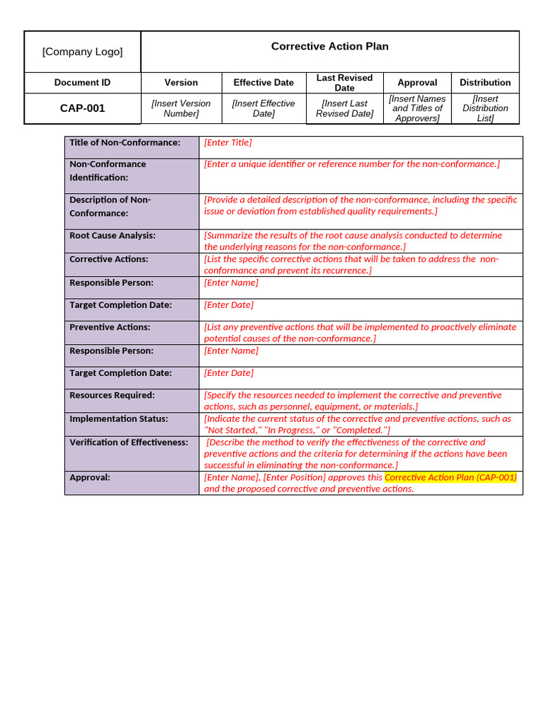CAP-001 Corrective Action Plan | PDF