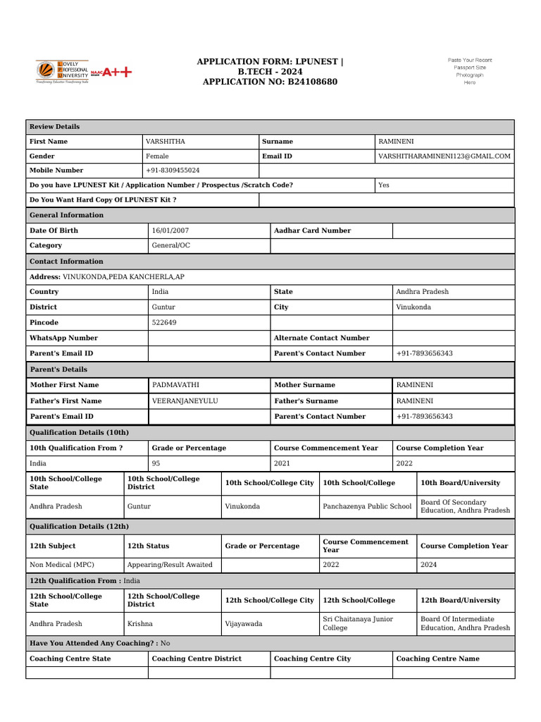 LPUNEST Application PDF B24108680 | PDF | Qualifications | Educational Stages
