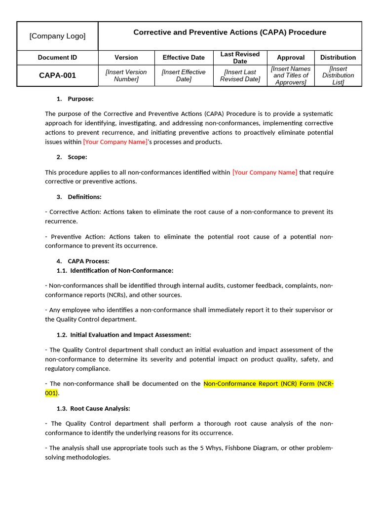 Capa 001 Corrective And Preventive Actions Capa Procedure Pdf 1479