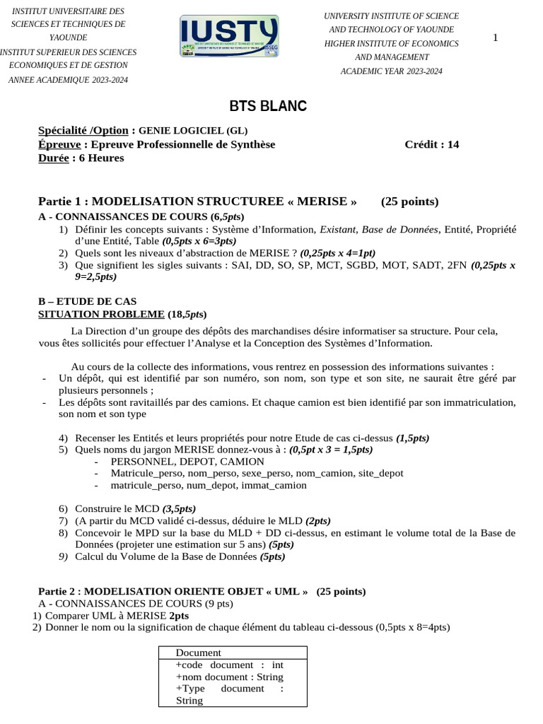 Bts Blanc: Partie 1: Modelisation Structuree Merise (25 Points) | PDF