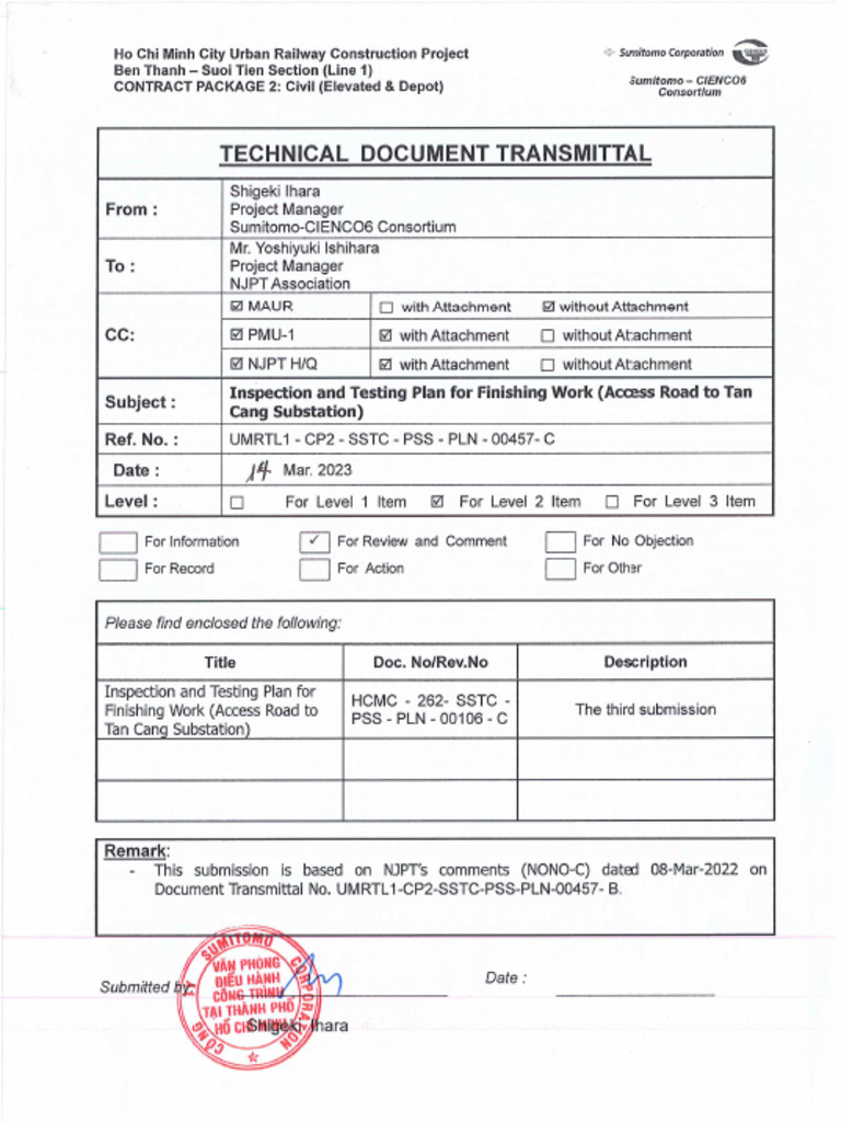 UMRTL1-CP2-SSTC-PSS-PLN-00457-C - ITP For Finishing Work (Access Road To Tan Cang Substation) | PDF