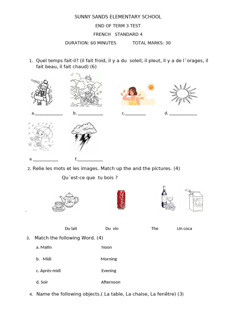 TEST 1 FRENCH STD 4 t3 2024 | PDF