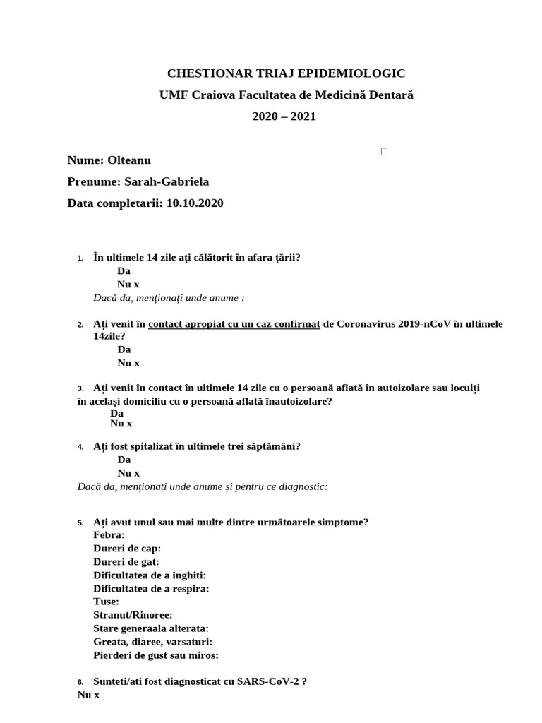 Chestionar Triaj Epidemologic FMD UMFCV | PDF
