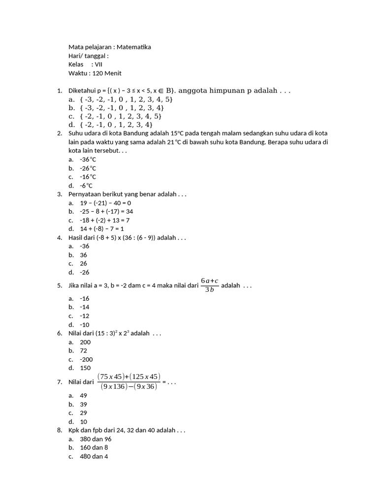 Soal Matematika Kelas VII dan Kunci Jawaban | PDF