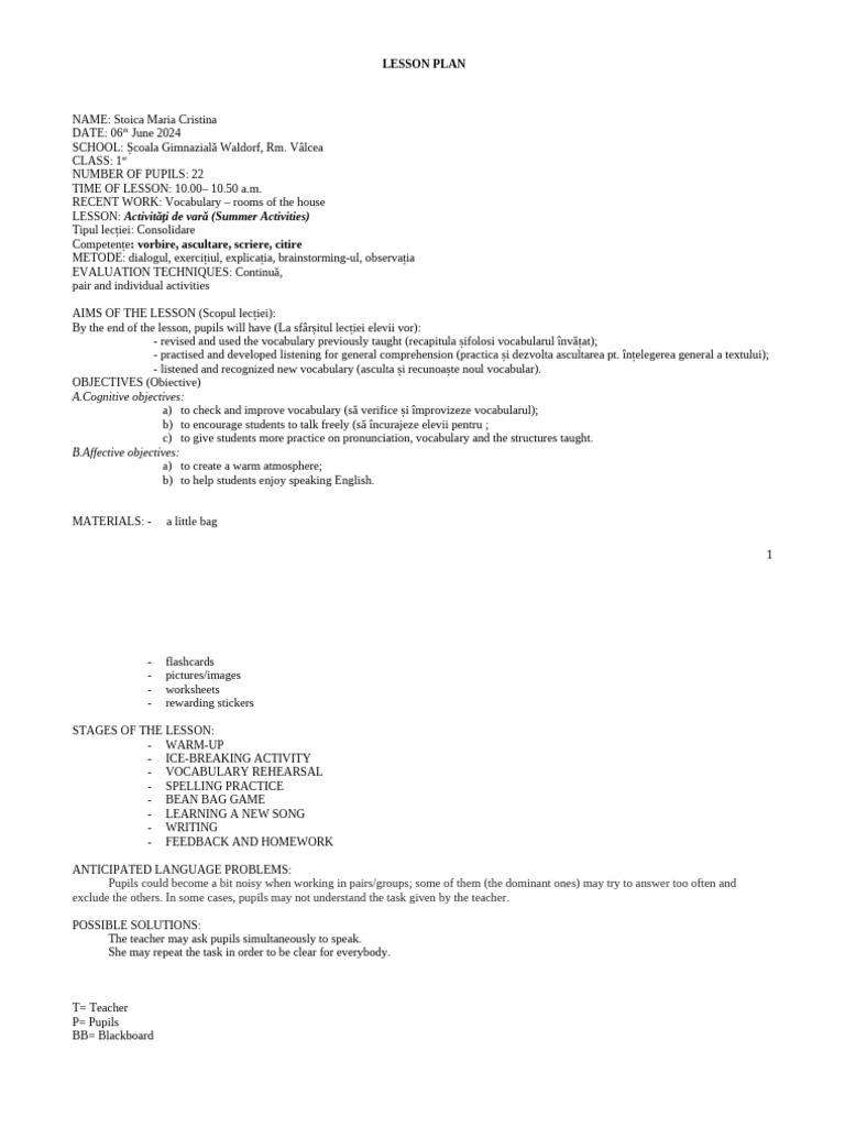 Lesson Plan Cls 1 | PDF